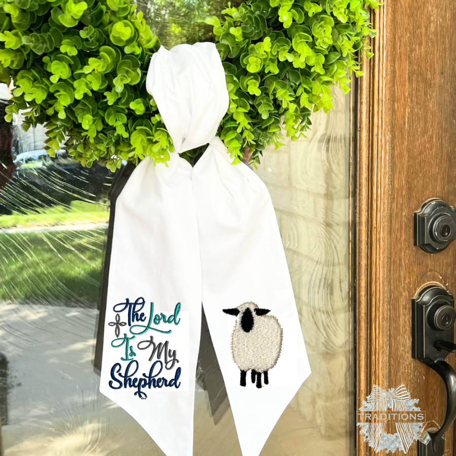 The Lord Is My Shepherd Wreath Sash – Embroidered Lamb Door Hanger – L ...